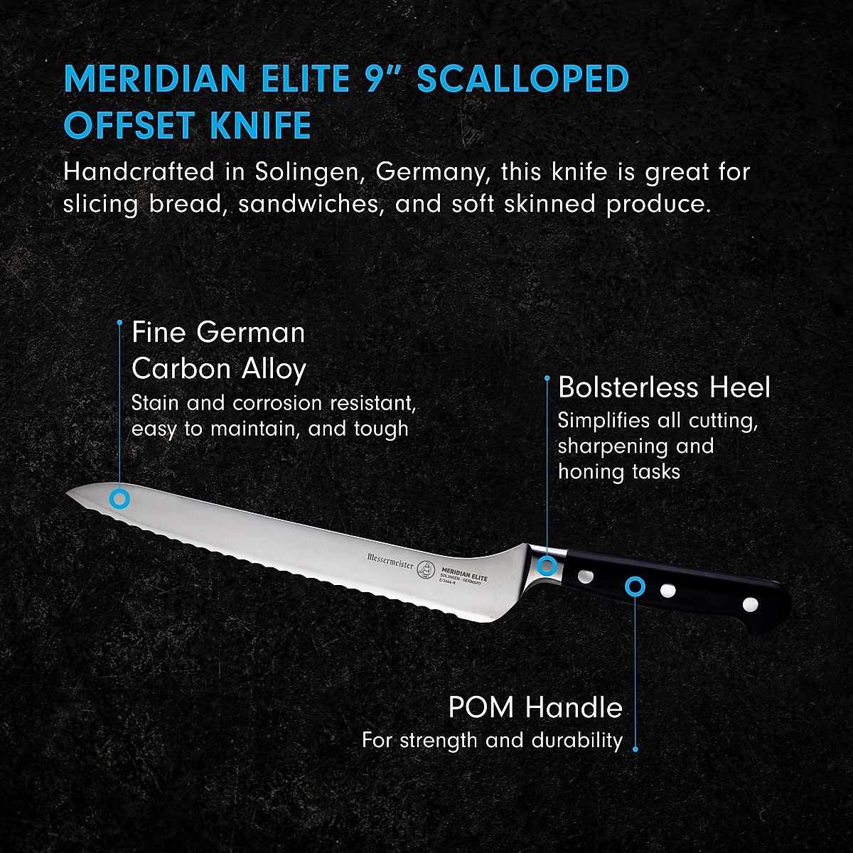 Messermeister Meridian Elite 8” Scalloped Offset Knife - Fine German Steel Alloy Blade - Rust Resistant & Easy to Maintain
