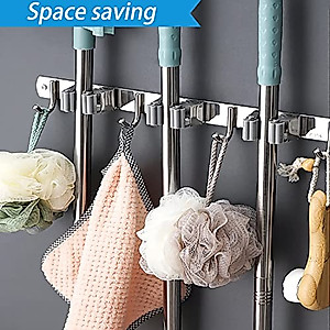 HXcomet Broom Mop Holder, Stainless Steel Wall Mounted Storage Organizer Cleaning Tool for Kitchen, Garage, Garden, Bathroom Organization Storage (3 Racks 4 Hooks)