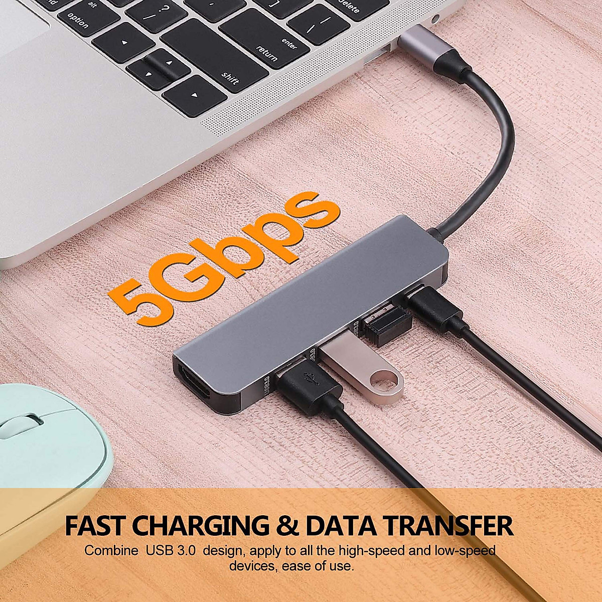 USB Type C Hub 5-in-1 USB C Adapter with 4K USB C to HDMI,USB3.0 with 5GB Data Transfer Compatible with Type c laptops