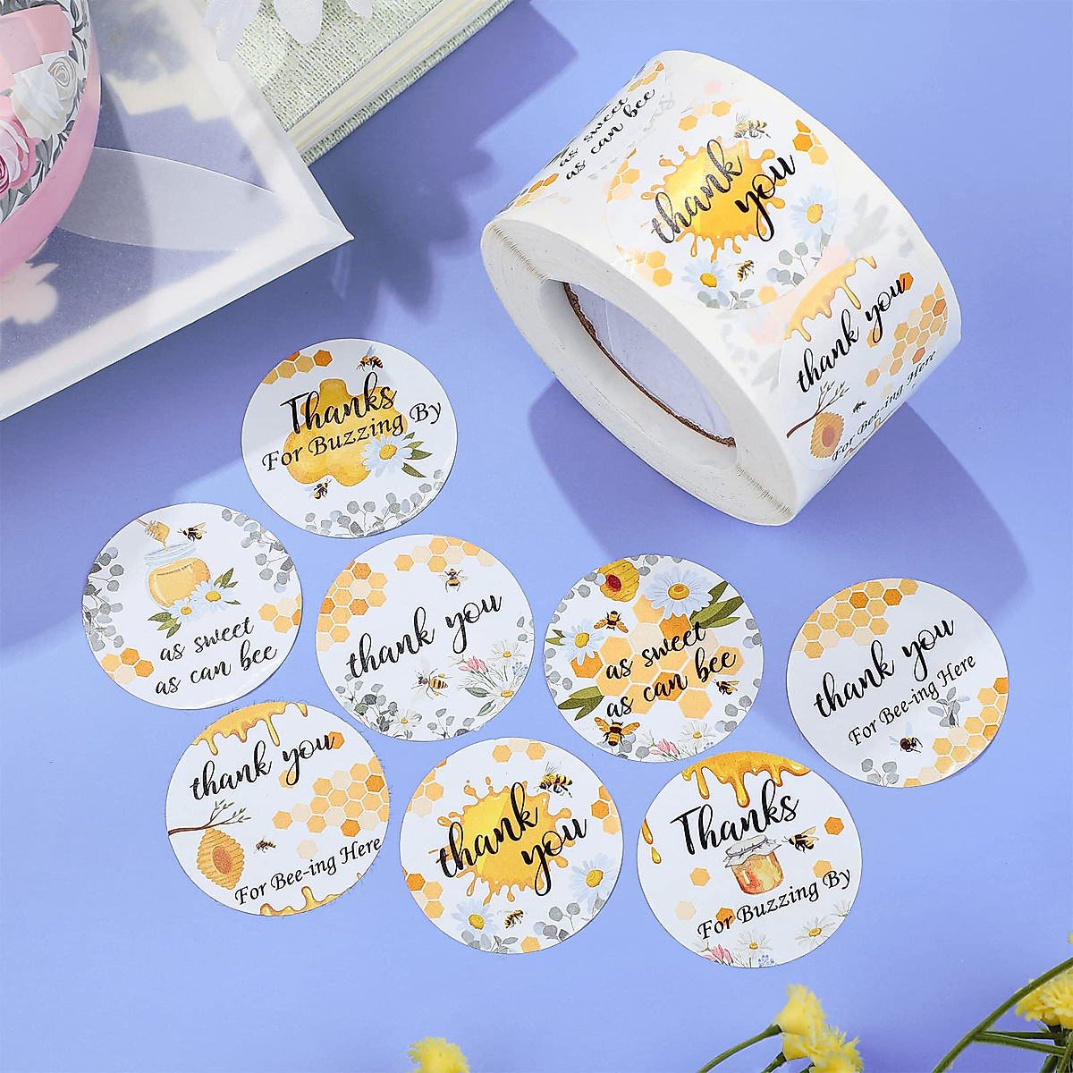 500 Pieces 1.5 Inch Bee Thank You Labels Baby Shower Bumble Stickers for Jars Bottle Gift Box Birthday Baby Shower Party Favor Label Stickers 8 Design