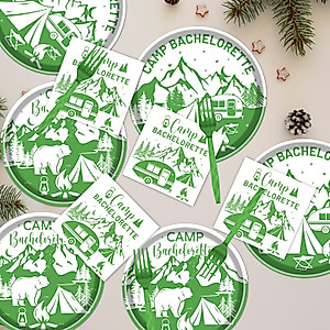 Refavor Camp Bachelorette Party Decorations - 96PCS Camping Bachelorette Plates and Napkins Forks Disposable Mountain Camp Tableware Set Bachelorette Bridal Shower Engagement Party Supplies Serve 24