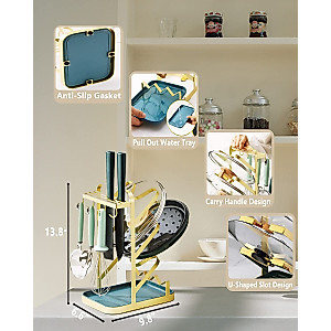 Pot Lid Organizer Rack, Pot Lid Holder for Cabinet and Counter, Kitchen Lid and Spoon Holder with Drip Tray (Gold)