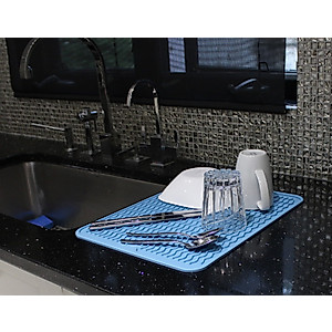 Dependable Industries Silicone Drying Mat, 16"x12" - Grooved Design, Heat-Resistant, Non-Slip, BPA-Free - For Dishes, Cutlery, Pots, Pans (Sky Blue)