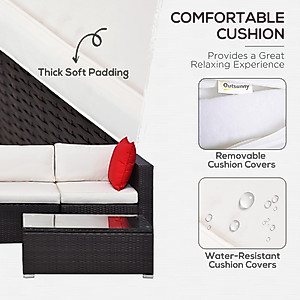 Outsunny 5-Piece Patio Furniture Set with Cushions, Outdoor PE Rattan Wicker Sofa Set, Sectional Furniture with Pillows, Glass Coffee Table for Garden, Backyard, Brown/Cream White