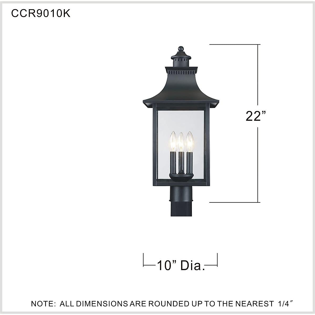 Quoizel CCR9010K Chancellor Outdoor Lantern Post Mount, 3-Light 180 Total Watts, 22" H x 10" W, Mystic Black