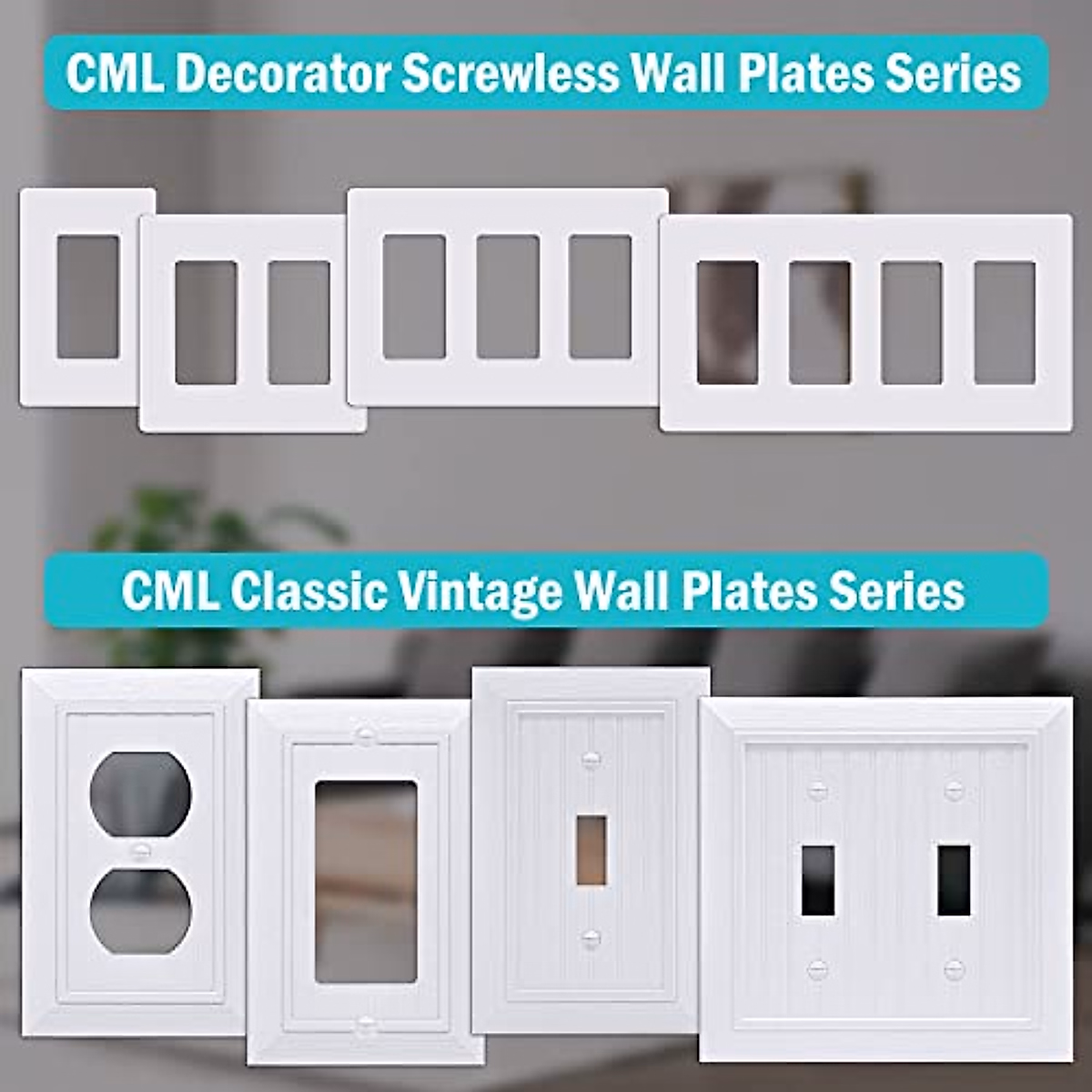 CML Screwless Decorator Wall Plate, 2 Gang Outlet Covers, 4 Pack Decorative Light Switch Plates, Hidden Screw Smooth Face, Standard Size 4.68”X 4.72”, Impact Resistant, White