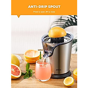 Aiheal Electric Citrus Juicer, Orange Juicer Squeezer with Two Interchangeable Cones Suitable for All Size of Citrus Fruits, Anti-drip Spout and Ultra Quiet Motor, BPA Free, Brushed Stainless Steel