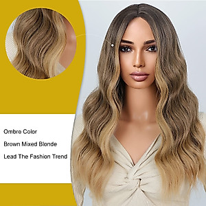 AISI QUEENS Long Wavy Ombre Wig Brown Mixed Blonde Synthetic Middle Part Wigs for Women Heat Resistant Hair Replacement Wigs for Daily Wear 20 Inch