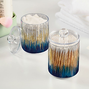 xigua 2 Pack Gold & Blue Apothecary Jars with Lid, Qtip Holder Storage Jars for Cotton Ball, Cotton Swab, Cotton Round Pads, Clear Plastic Canisters for Bathroom Vanity Organization (10 Oz)