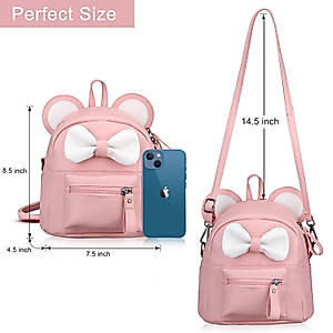 Dksyee Pink Small Cute Backpacks for Girls Bowknot Leather Cartoon Mouse Ears Mini Travel Backpack Convertible Shoulder Daypack…