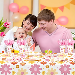 Groovy Party Supplies Daisy Groovy Party Tableware Set Serves 24 Include Boho Daisy Tablecloth Hippie Tableware Set for Groovy Boho Hippie Retro Birthday Baby Shower Party Decor