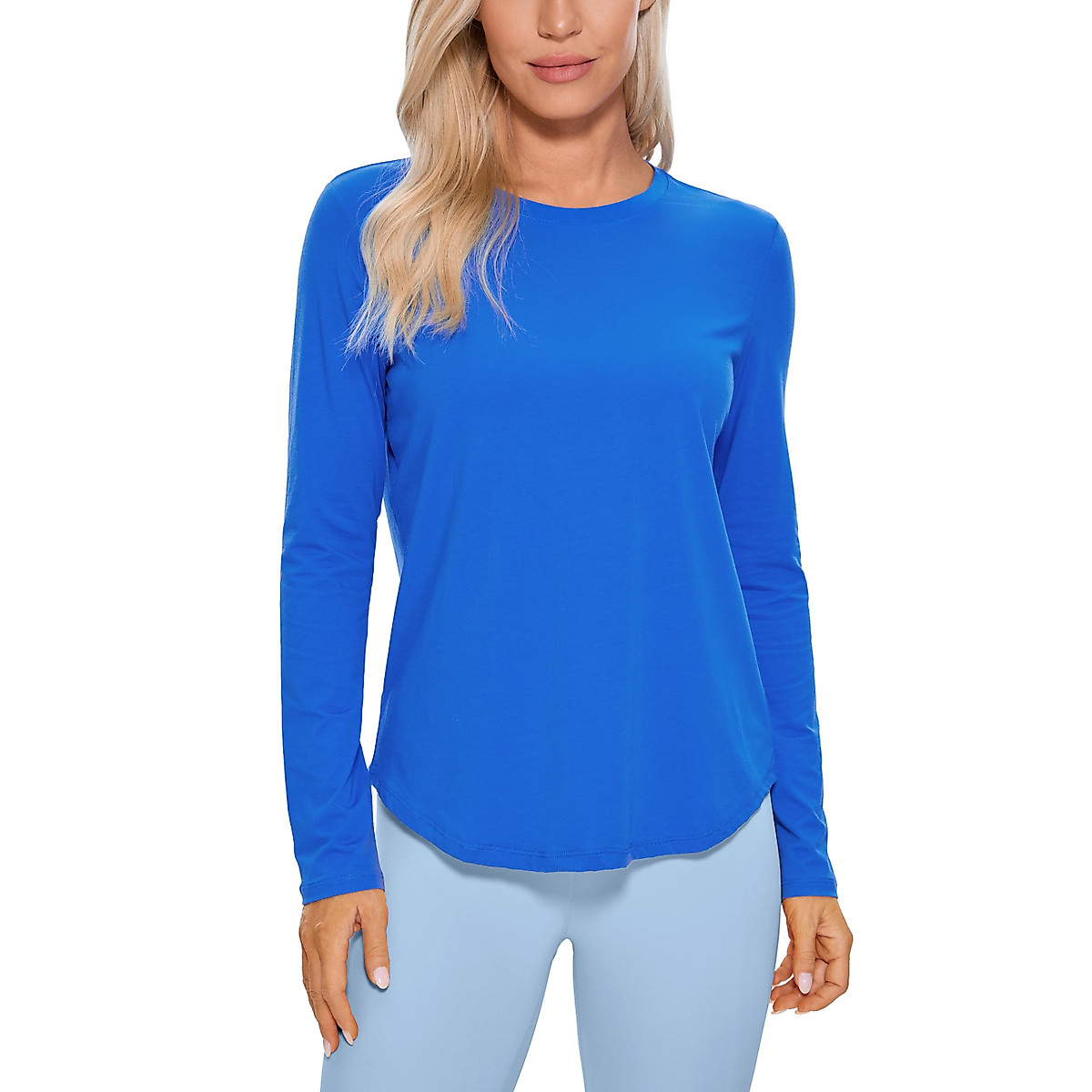 CRZ YOGA Pima Cotton Workout Long Sleeve Shirts for Women Athletic Crewneck Yoga Casual Tops Plain T-Shirt Strong Blue Large