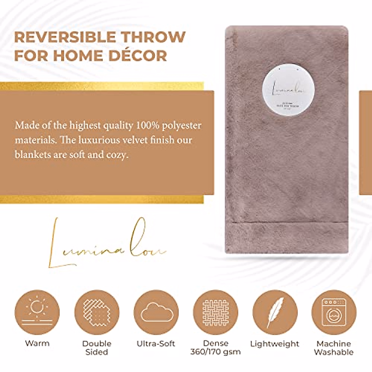 Lumina Lou Solid Faux Fur Throw Blanket- Bed & Sofa Faux Fur / Solid Mink Reversible Throw for Home Décor- Double-Sided, Ultra-Soft, Warm & Lightweight Throw Blanket, 50x60, Taupe