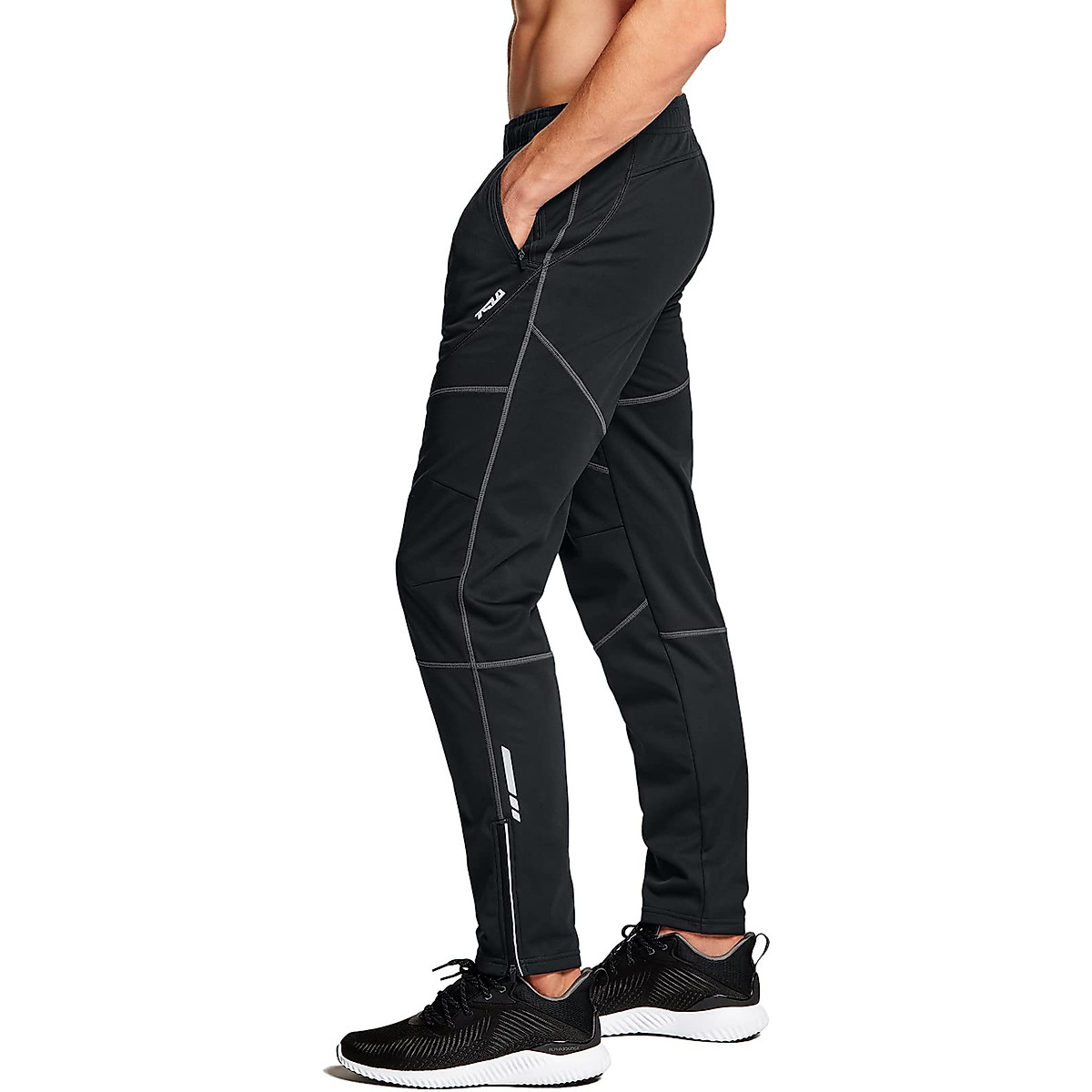 TSLA Men's Thermal Windproof Cycling Pants, Fleece Lined Outdoor Bike Pants, Winter Cold Weather Running Pants, Cycling Pants Black & Grey, Medium