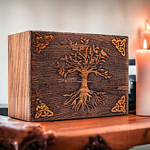 Displayex India Handmade Engraved Tree of Life Cremation Urns for Human Ashes Adult Male Female - Urn for Ashes for Women, Dog Cat Pet Memorial Urn, Wooden Decorative Urns (Medium - 140 Cu.in)