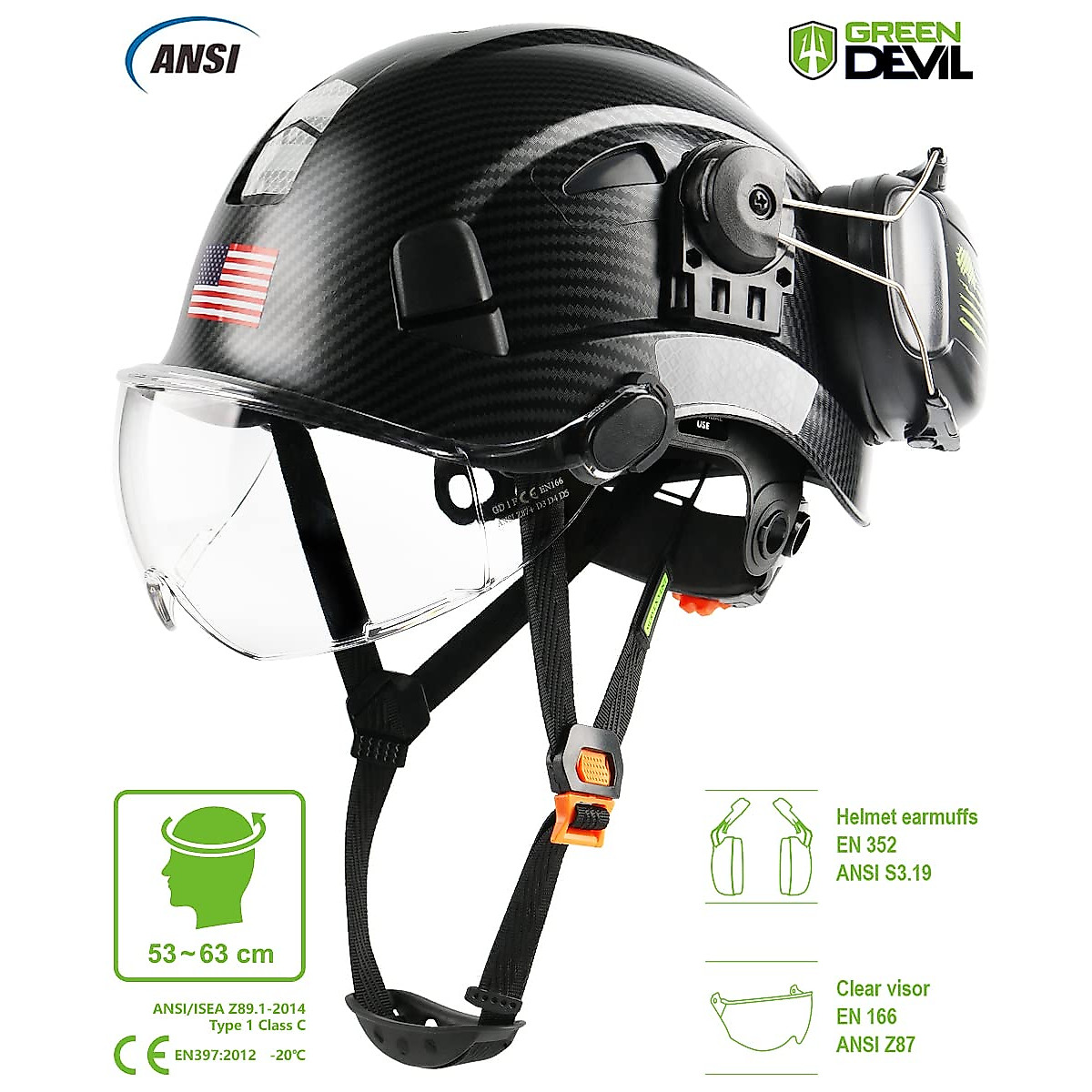 Safety Helmet Hard Hat with Visor and Ear Protection Adjustable Lightweight Vented ABS Work Helmet for Men and Women 6-Point Suspension ANSI Z89.1 Approved Ideal for Industrial & Construction