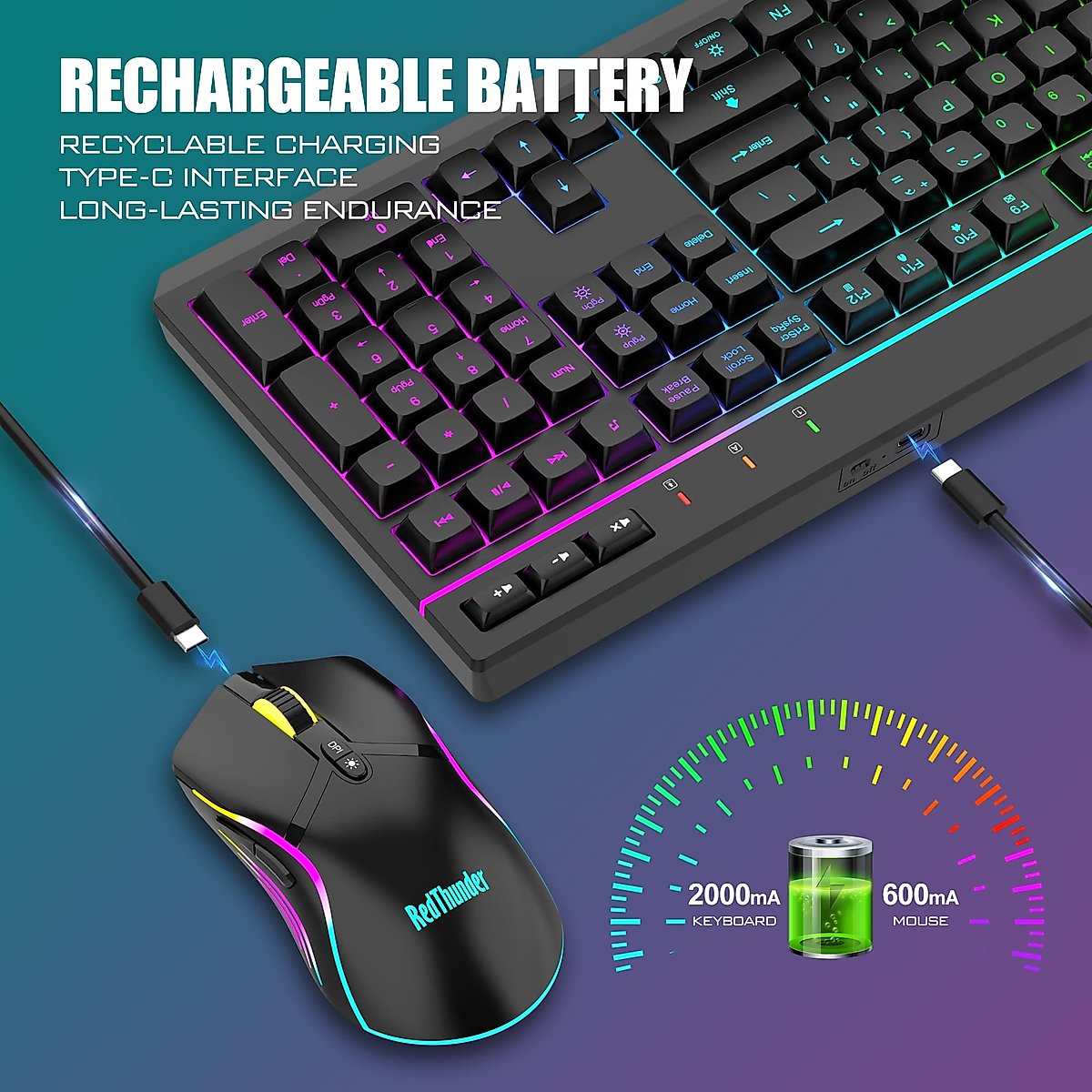 RedThunder K20 Wireless Keyboard and Mouse Combo, Full Size Anti-Ghosting Keyboard with Multimedia Keys + 7D 4800DPI Optical Mice, Rechargeable RGB Gaming/Office Set for PC Laptop Mac Xbox (Black)