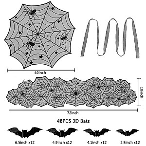 5 Pack Halloween Decorations Tablecloth Set, Black Lace Table Runner Round Spider Cobweb Table Cover Fireplace Mantel Scarf Spiderweb Lampshade with 48pcs Scary 3D Bat for Halloween Party Decor