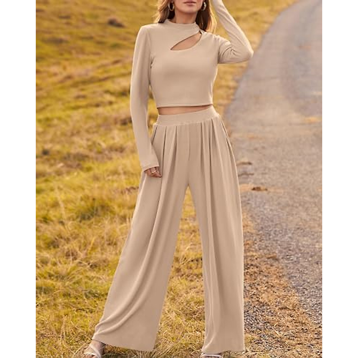 BTFBM Women's 2 Piece Tracksuit Outfits Cutout Long Sleeve Crop Top Wide Leg Pant Ribbed Knit Sweatsuits Yoga Lounge Set(Solid Khaki, Medium)