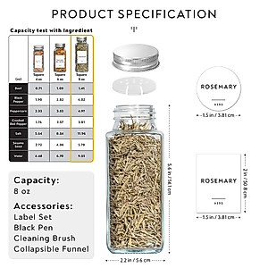Laramaid 8oz 24Pack Glass Jars with Minimalist White Premium Spice Labels, Shaker Lids Dispenser with Airtight Silver Metal Caps, Black Pen, Cleaning Brush & Collapsible Silicone Funnel