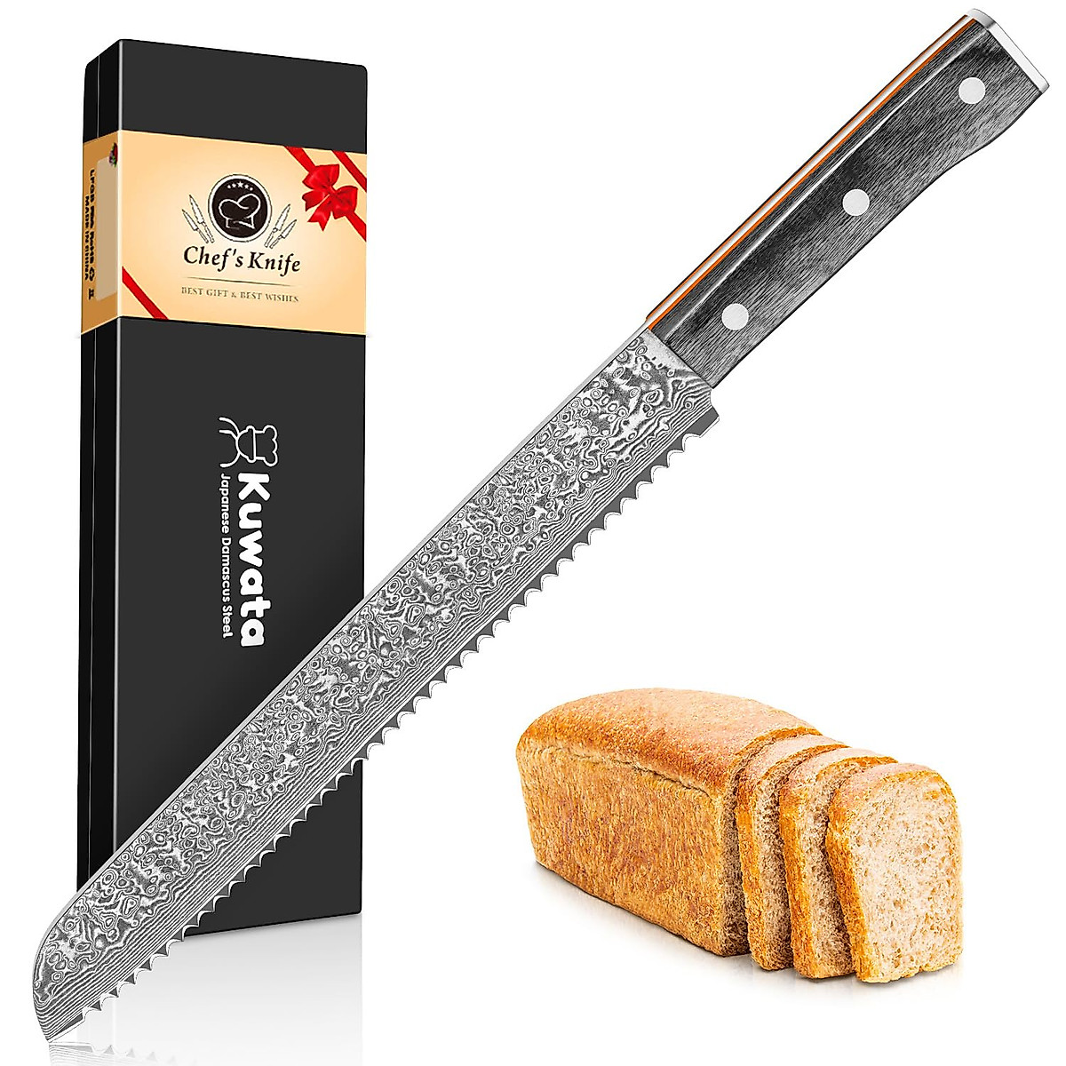 Bread Knife, 10inch Multifunction Serrated Knife, VG10 Damascus Steel Bread Cutting Knife for Homemade Bread, Razor Sharp Edge for Efficient Slicing Sourdough Bread, Bagels, Cake