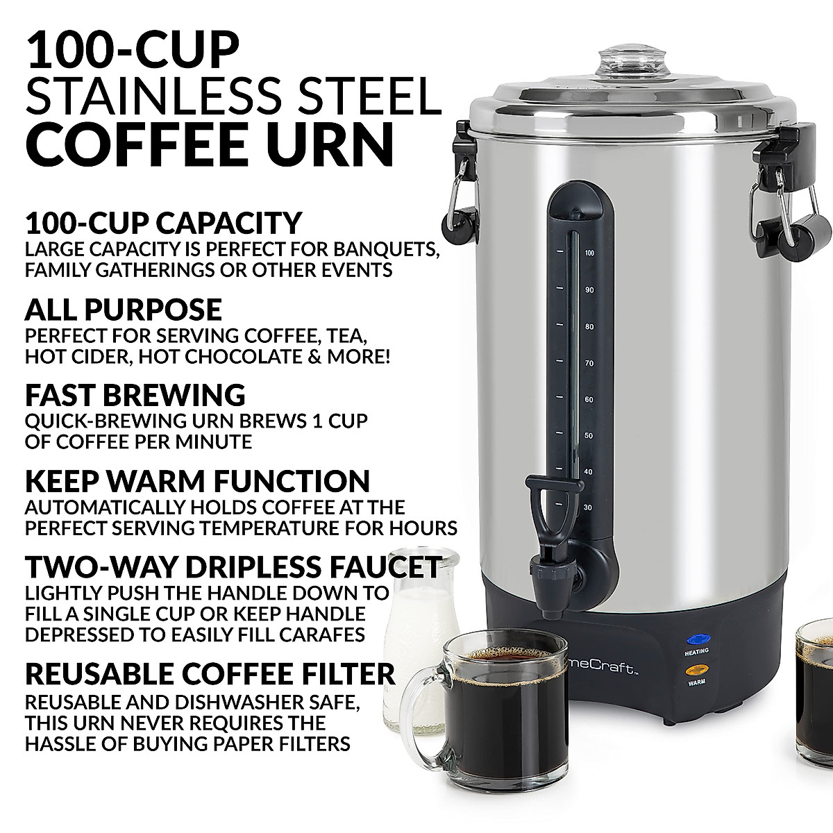 Homecraft 100-Cup Coffee Urn and Hot Beverage Dispenser with Dripless Faucet, Quick-Brewing, Stainless Steel