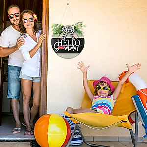 Jetec Hello Summer Sign Wood Door Hanger Rustic Watermelon Plaque Porch Decor Wooden Round Hello Summer Sign with Burlap Bow Wreaths for Summer Home Farmhouse Porch Garden Yard Decoration