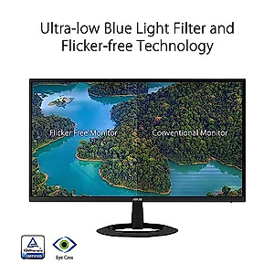 ASUS 22” (21.45” viewable) 1080P Eye Care Monitor (VZ22EHE) - Full HD, IPS, 75Hz, 1ms (MPRT), Adaptive-Sync, HDMI, Low Blue Light, Flicker Free, HDMI, VGA, Ultra-Slim,Black