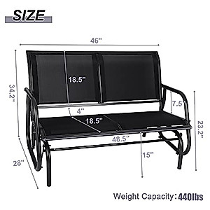Koreyosh Outdoor Glider Bench 2-Person Rocking Loveseat Chair Patio Swing Rocker w/Powder Coated Frame and Textilene Mesh Seating for Porch Yard Graden, Black