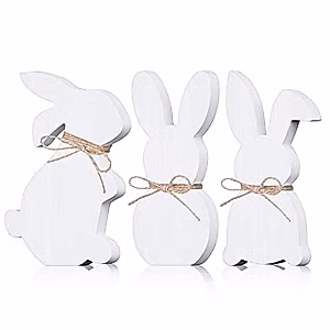 3 Pcs Easter Bunny Table Wooden Signs with Rope Easter Spring Wooden Tiered Tray Decor Rabbit Tabletop Party Centerpiece Signs Spring Decorations for Home Dining Room Desk Office (White)