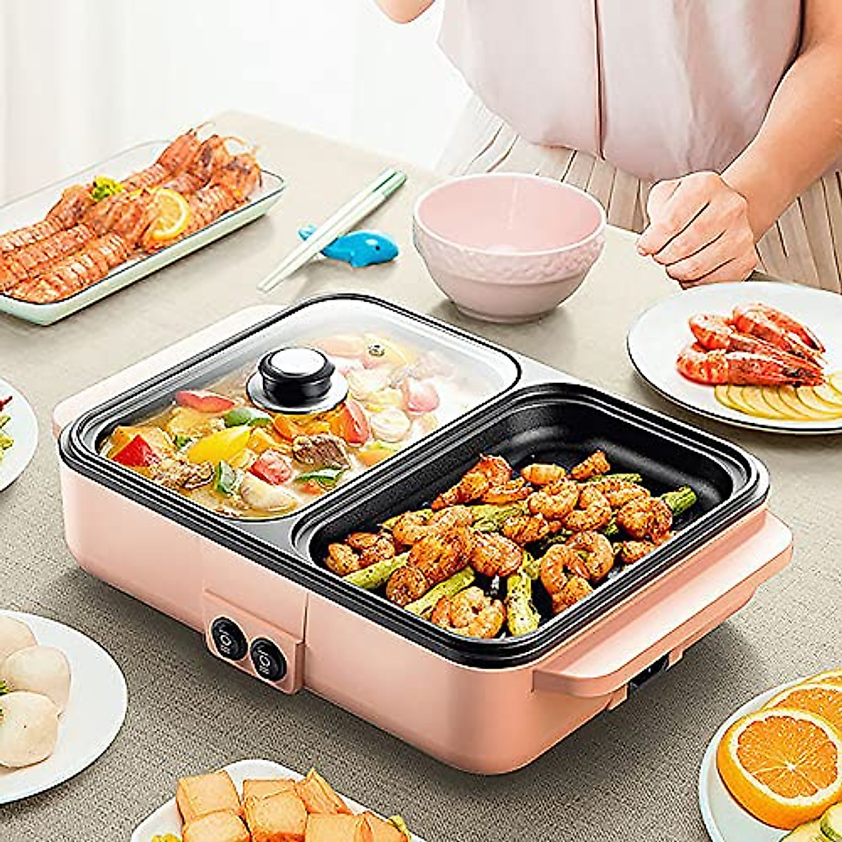 Electric Mini Grill with Hot Pot 2 in 1 Portable Electric Hot Pot Barbecue Grill Non-Stick Teppanyaki Pan 110V Indoor Hotpot Grill Korean BBQ Combo (11.41x 8.66 x 4.33 inch, Pink)