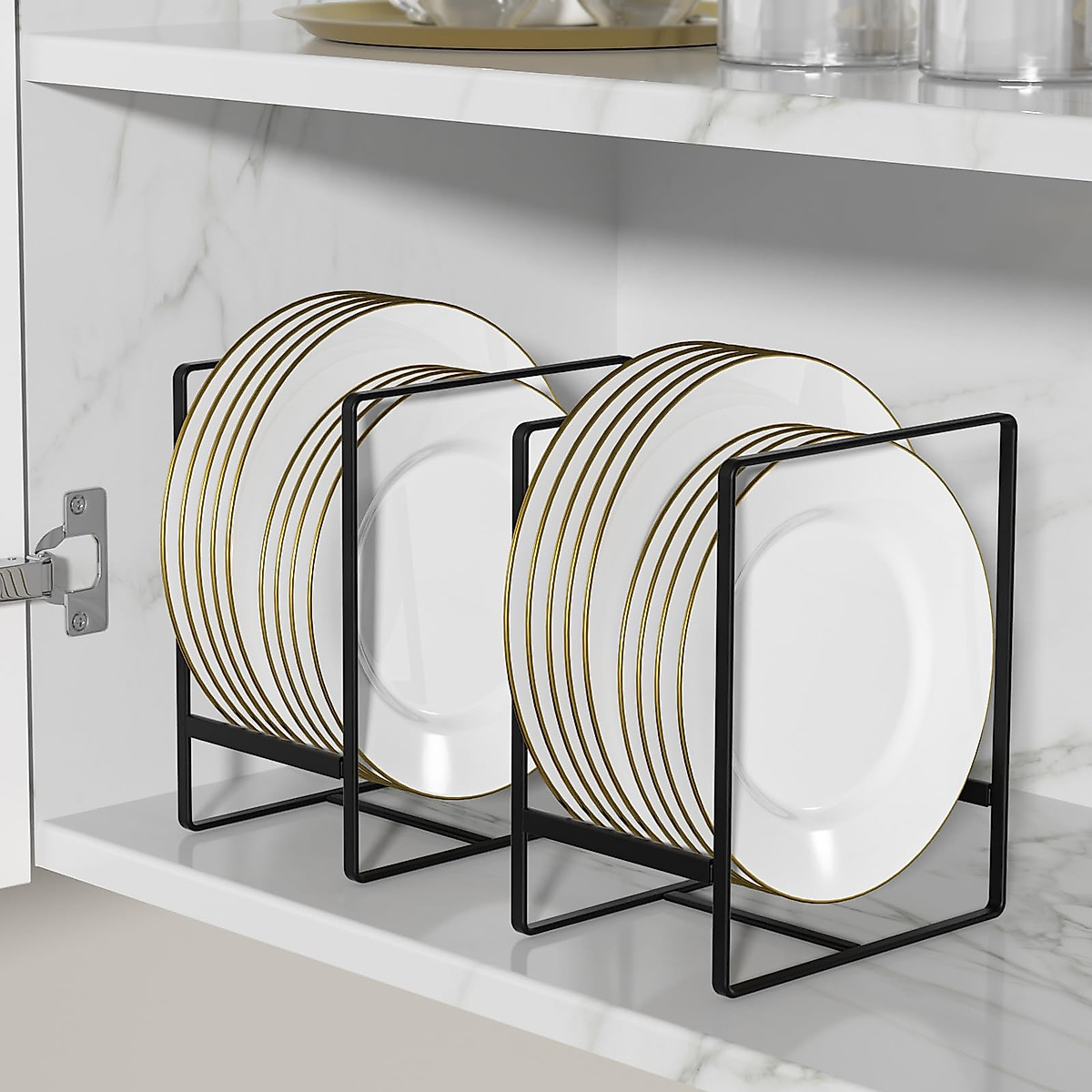 LINFIDITE Plate Holder Organizer 2 Pack Dish Storage Rack Upright Cabinet Dish Drying Rack Metal Dish Organizer Stand for Kitchen Counter Cupboard 7.9in. x 6.4in. x 4.5in.Black