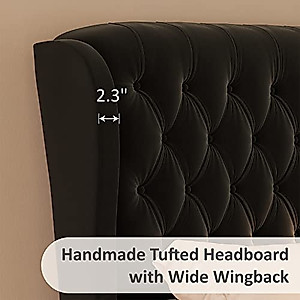 LUXOAK King Size Platform Bed Frame, Velvet Upholstered Sleigh Bed with Curved Headboard & Footboard, Deep Button Tufted, Wood Slats Support, No Box Spring Needed, Black
