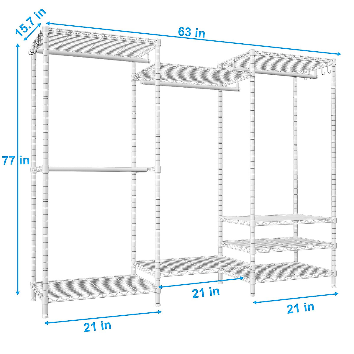 Ulif E13 Heavy Duty Clothes Rack（With 4 Hanger Rods & 8 Shelves） Freestanding Clothing Racks for Hanging Clothes，Adjustable Closet Organizer，Metal Garment Rack 63" W x16 D x77 H，Max Load 900LBS，White