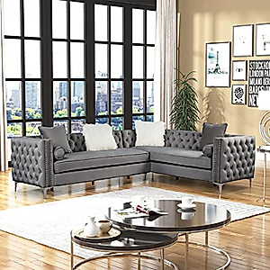 Morden Fort Tufted Velvet Couch Sectional Sofa Couches Mid Century Modern L-Shape Corner Sofa Set for Living Room, Bedroom, Office, Apartment