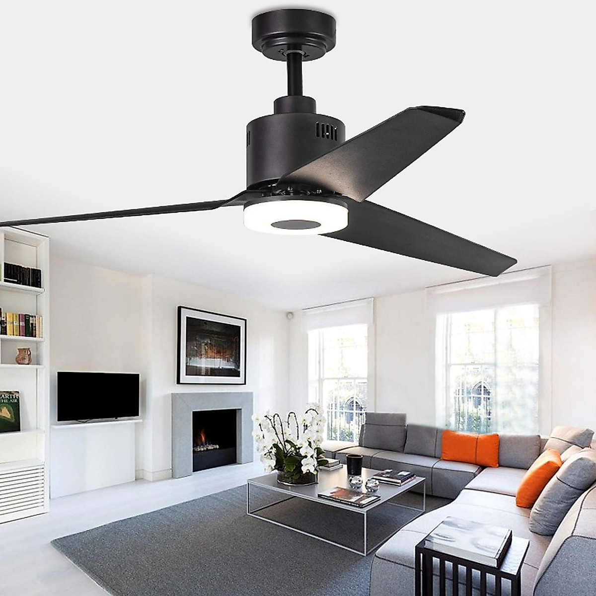 FINXIN Indoor Ceiling Fan Light Fixtures Black Remote LED 52 Ceiling Fans For Bedroom,Living Room,Dining Room Including Motor,3-Blades,Remote Switch