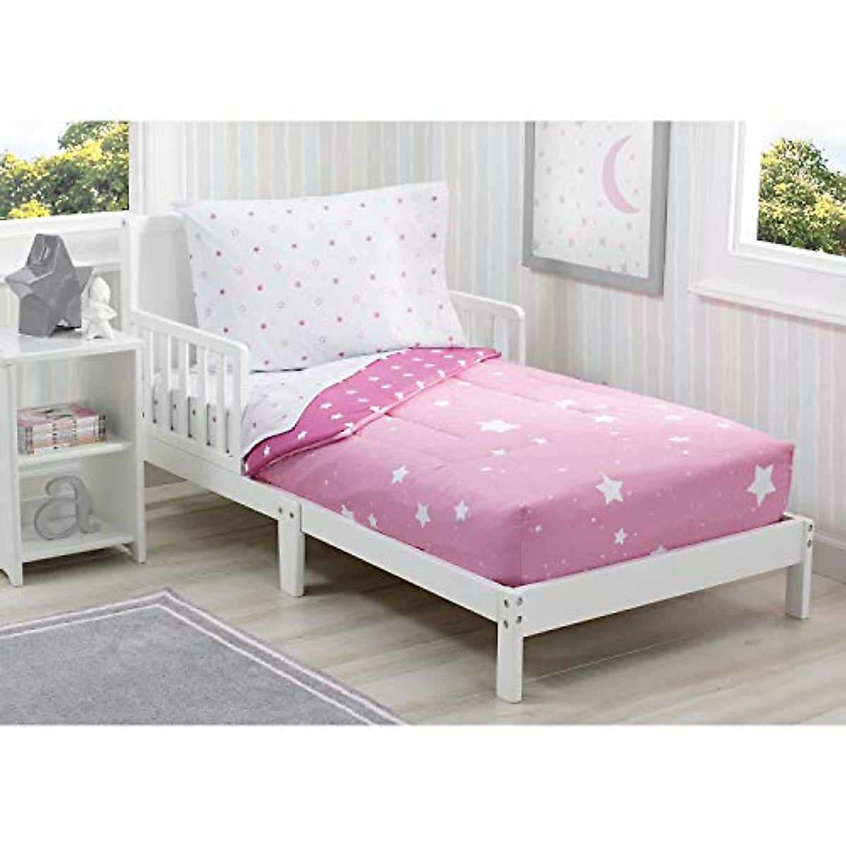 Delta Children 4 Piece Toddler Bedding Set for Girls - Reversible 2-in-1 Comforter - Includes Fitted Comforter to Keep Little Ones Snug, Bottom Sheet, Top Sheet, Pillow Case - Pink Blushing Star