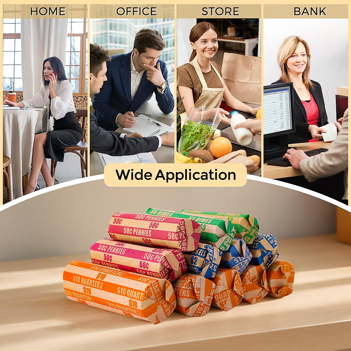 Coin Wrappers Assorted 500 Flat Stripped Coin Roll Wrappers for All Coins Including 200 Quarter Wrappers and 100 Each of Penny, Nickel, Dime Wrappers