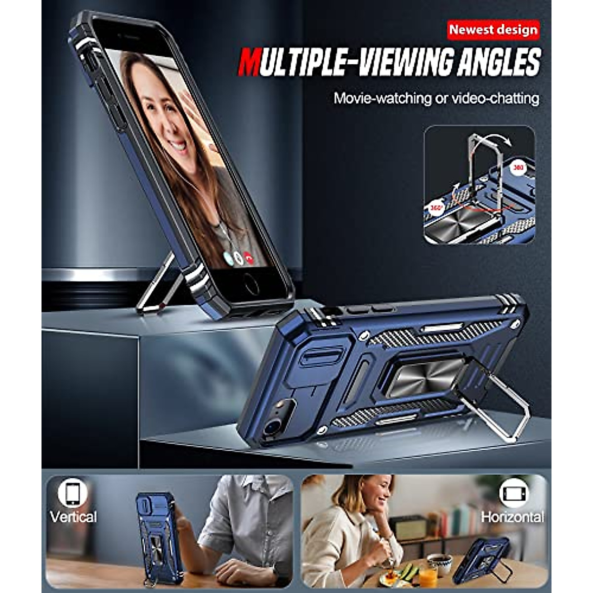 LeYi for iPhone SE Case: iPhone 8/7 Case with Slide Camera Cover + [2 Packs] Tempered Glass Screen Protector, Full Body Military-Grade Case with Upgrade Kickstand for iPhone 8, Navy Blue