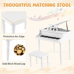 Goplus 30-Key Classical Kids Piano, Mini Grand Piano Wooden Learn-to-Play Musical Instrument Toy with Bench, Piano Lid, Music Rack, Gift for Boys Girls Aged 2+ Baby Tollder(4 Straight Leg-White)