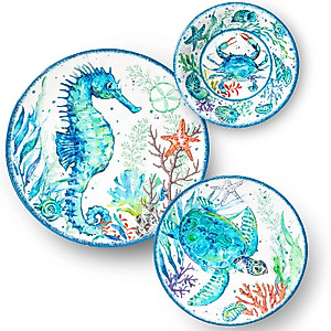 LEHAHA 12-Piece Melamine Beach Dinnerware Set, Coastal Plates and Bowls Sets, Oceanic Sea Life Dish Sets for 4, Great for Indoor Outdoor Dining on the Beach, RV, Camping or Cabin
