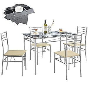 VECELO Dining Table with 4 Chairs [4 Placemats Included-] Silver X-Large