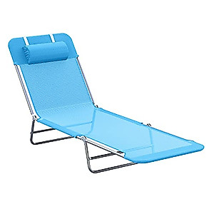 Outsunny Folding Chaise Lounge Pool Chairs, Outdoor Sun Tanning Chairs with Pillow, Reclining Back, Steel Frame & Breathable Mesh for Beach, Yard, Patio, Blue