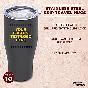 Custom Stainless Steel Grip Travel Mugs 27 oz. Set of 10, Personalized Bulk Pack - Perfect for Coffee, Soda, Other Hot & Cold Beverages - Smoke