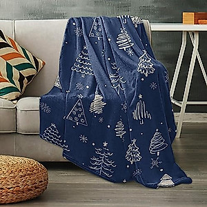 Throw Blanket- Geometric Xmas Tree Soft Warm Plush Fleece Bed Throw,50x60In Flannel Blankets Christmas Trees on Blue Bedding Throws for Women/Men Bedroom Living Room Office Decor Winter Snowflake