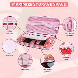 FUNDIARY Pink Carrying Case for Nintendo Switch Lite Accessories, Travel Case Bundle for Switch Lite with Soft TPU Cover, Adjustable Shoulder Strap, Screen Protector and 2 Thumb Caps - Strawberry