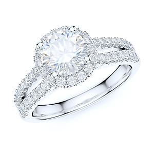 PRSTANI Sterling Silver Split Shank 1.0CT Round Brilliant Cut Genuine Moissanite Halo Engagement Ring Bridal Ring For Women (7.5)