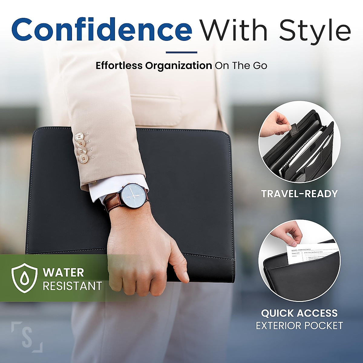 STYLIO Zippered Padfolio Portfolio Binder, Faux Leather Organizer. Interview Resume Document Holder. Organizer for iPad/Tablet (up to 10.5"), Phone & Business Cards. Data Case w/ Letter-Sized Notepad