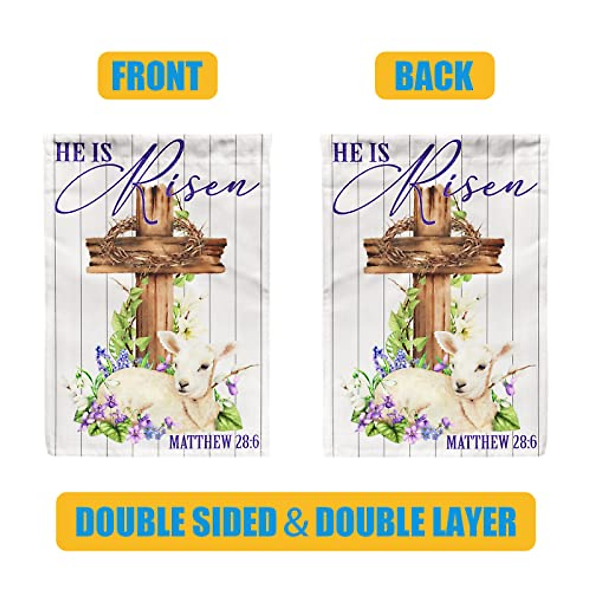 He is Risen Religious Garden Flags 12x18inch Burlap , Easter Cross Sheep Matthew 28:6 Flags for Spring Holiday Yard Decorations Outdoor