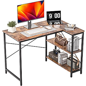 WASAGUN Small Computer Desk,35 Inch L Shaped Desk with Storage Shelves,Gaming Desk,Home Office Corner Reversible Pc Desk,Study Writing Table,Brown